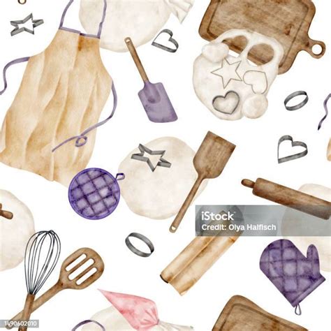 수채화 베이킹 원활한 패턴 조리기구 배경 손으로 그린 앞치마 롤링 핀 오븐 장갑 털기 주걱 반죽 흰색으로 분리된 쿠키 커터 주방 도구 그림입니다 가정 생활에 대한 스톡 벡터