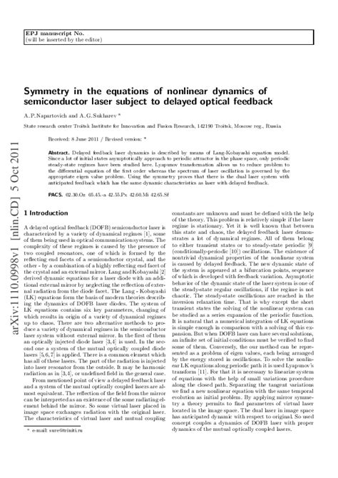 Pdf Symmetry In The Equations Of Nonlinear Dynamics Of Semiconductor Laser Subject To Delayed