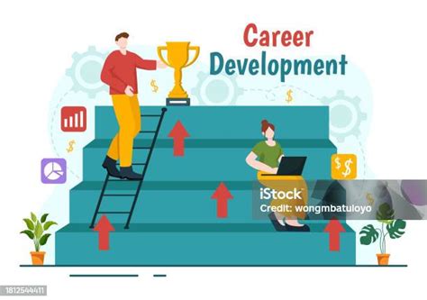 경력 개발 벡터 일러스트 레이 션 성공에 사다리와 수익 증가에 대한 개선 막대 그래프 비즈니스 목표 평면 배경 디자인 개발에