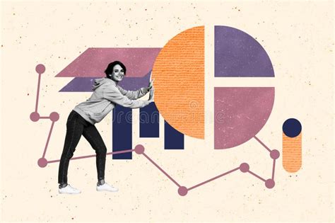 Creative Abstract Template Collage Of Funny Female Push Graph Analyze