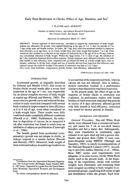Pdf Early Feed Restriction In Chicks Effect Of Age Duration And Sex
