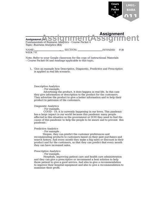 Assignment 04 Fundamentals Of Business Analytics Assignment Assignment 04 Fundamentals Of