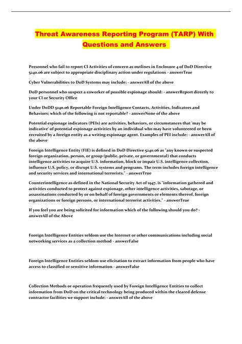 Threat Awareness Reporting Program TARP With Questions And Answers Threat Awareness