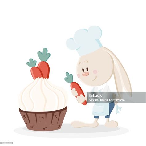 앞치마의 귀여운 토끼는 크림과 당근으로 초콜릿 컵 케이크를 굽습니다 요리와 빵집 크리스마스 새해 및 부활절 컬러 벡터 일러스트레이션 만화 스타일의 토끼 컬렉션 2023년에