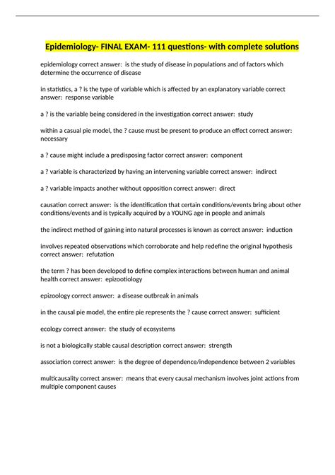 Epidemiology Final Exam 111 Questions With Complete Solutions Epidemiology Stuvia Us