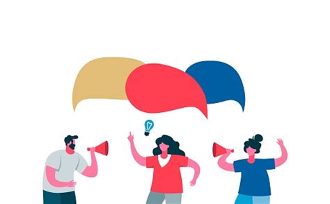 새로운 프로젝트의 광고 직원 신선한 아이디어 음성 거품 스피커를 가진 두 여성과 남자는 제품을 광고합니다 2명에 대한 스톡 벡터 아트 및 기타 이미지 Istock