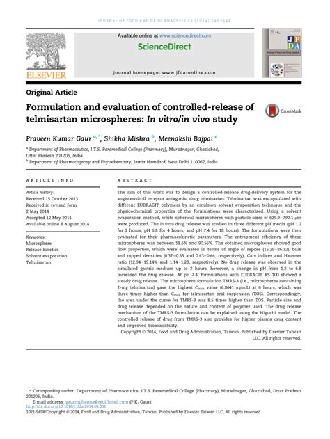 Pdf Formulation And Evaluation Of Controlled Release Of Telmisartan Microspheres In Vitro In