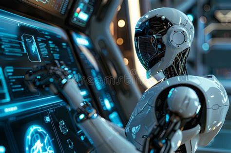 A Humanoid Robot With A Sleek White Design Interacts With A Touchscreen Interface In A