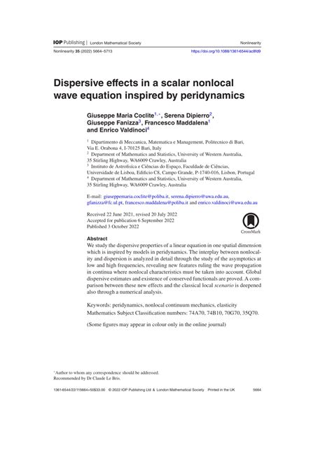 Dispersive Effects In A Scalar Nonlocal Wave Equation Inspired By Peridynamics Request Pdf