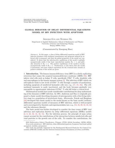 Pdf Global Behavior Of Delay Differential Equations Model Of Hiv Infection With Apoptosis