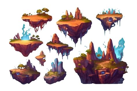 Premium Vector Fantastic Flying Land Platforms For Game Ui Design Isolated On Background