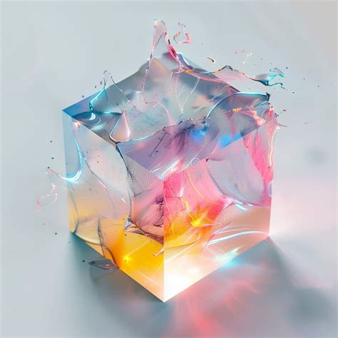A Glass Cube With Colorful Light Reflections Melting And Floating In