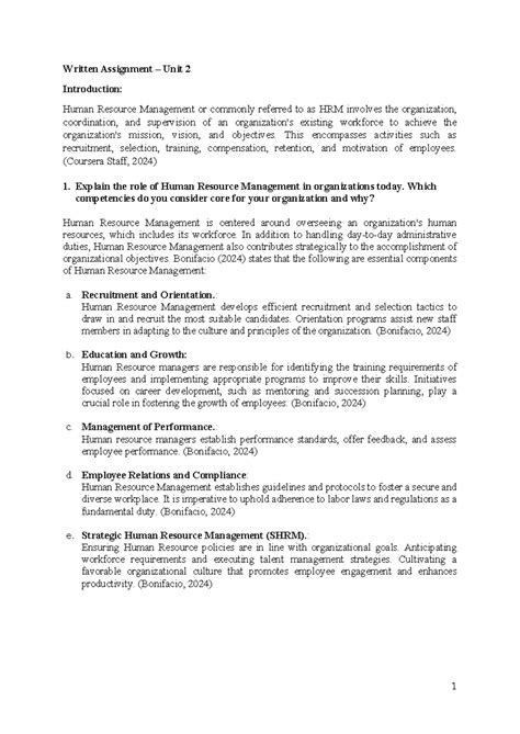 Human Resource Management Written Assignment Unit 2 Insights Written Assignment Unit 2