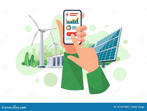 Smartphone App Electricity Energy Usage With Renewable Solar And Wind Generations Stock Vector