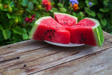 꽃의 배경에 대한 정원의 나무 표면에 접시에 신선한 붉은 수박의 조각 0명에 대한 스톡 사진 및 기타 이미지 0명 건강한 식생활 과일 Istock