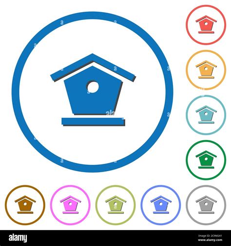 Bird Feeder Flat Color Vector Icons With Shadows In Round Outlines On