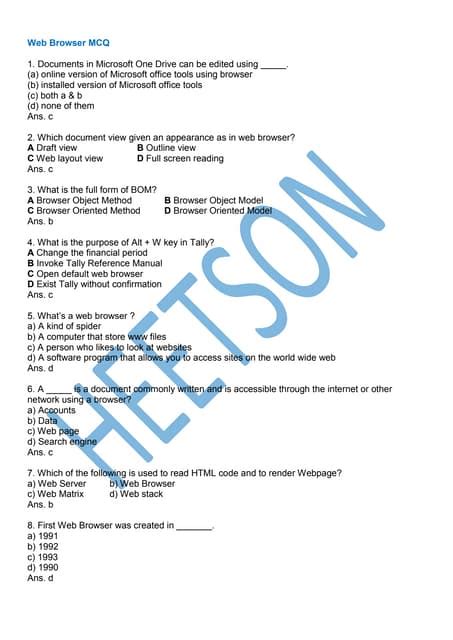 Web Browser Mcq Questions And Answers Internet Pdf