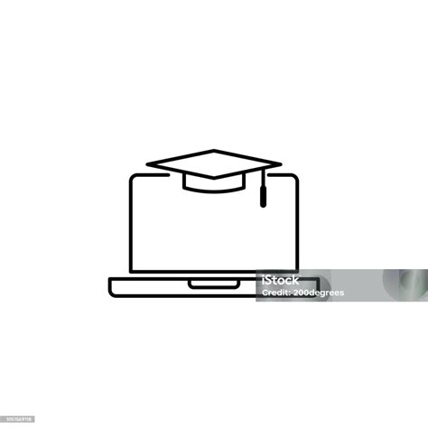 E러닝 라인 아이콘입니다 온라인 인터넷 교육 기호입니다 노트북 화면에 졸업 모자입니다 디지털 경영 대학원 웹 사이트 모바일 애플