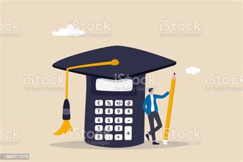 학자금 대출 계산 교육 예산 배분 대학 비용 및 부채 상환 또는 장학금 지불 개념 박격포 보드 모자 계산기와 함께 서 졸업 학생