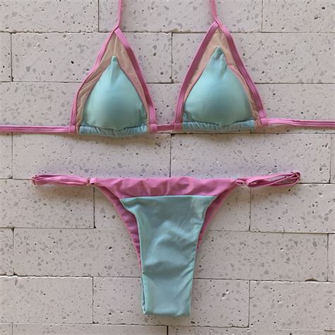Biquini Cortininha Detalhe Tule Tecido Acetinado Menta E Rosa Dondoca