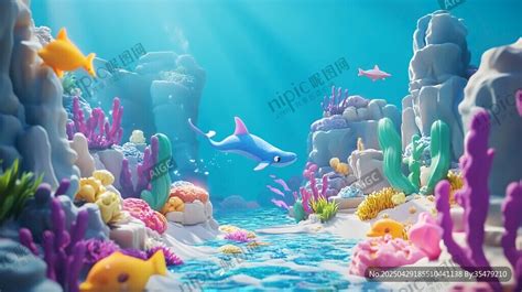 Ai创作图海底 动画 场景 鱼 鲨鱼 珊瑚 礁石 海草 海洋生物 海水 阳光 卡通 海洋 奇幻 景观 昵图网