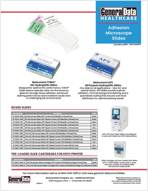 Aps And Tomo Adhesion Microscope Slides Product Brochure General Data Company Inc