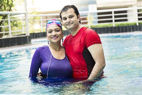 Indian Couple Honeymoon Bathing Swimming Pool Hotel Summer Day Vacation