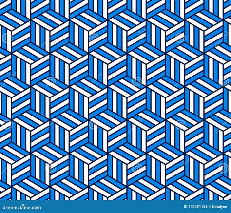 Abstract 3d Striped Cubes Geometric Seamless Pattern In Blue And White Vector Stock Vector