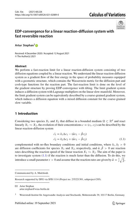 Pdf Edp Convergence For A Linear Reaction Diffusion System With Fast Reversible Reaction