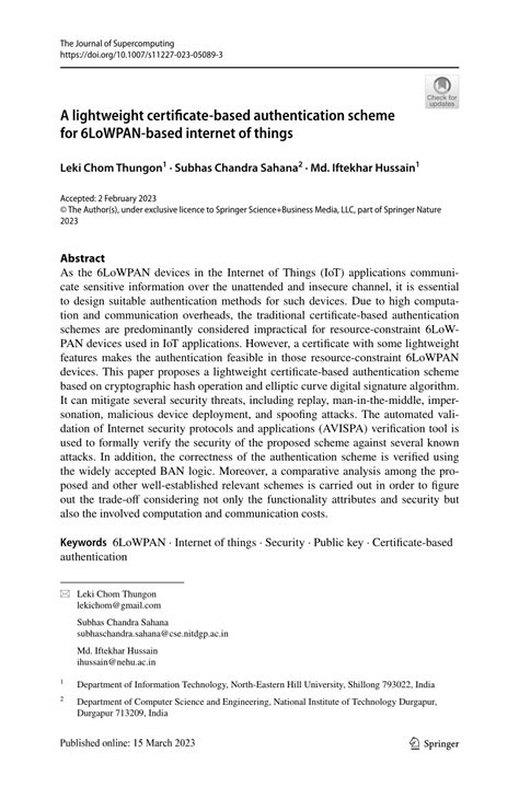 Pdf A Lightweight Certificate Based Authentication Scheme For 6lowpan Based Internet Of Things