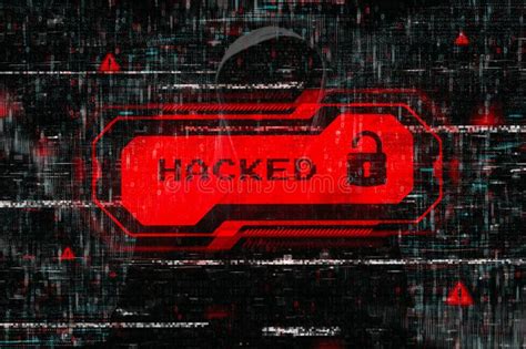 hacker in hoodie with hacked inscription and lock icon red sign warning and binary code