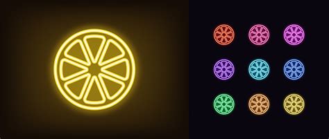 윤곽선 네온 레몬 슬라이스 아이콘 세트입니다 빛나는 네온 반 레몬 과일 라임 슬라이스 잘 익은 감귤류 산화 방지제 레몬 정원 유기농 식품 과일 다이어트 여름 비타민 건강