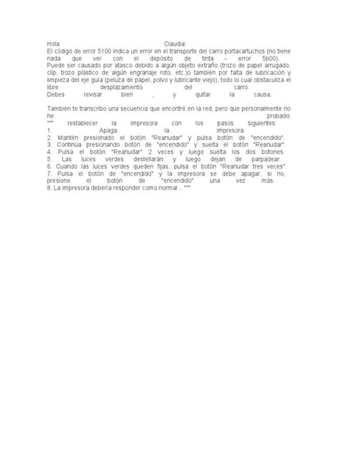 Revisión Y Solución De Error 5100 En Impresora Relacionado Con El Transporte Del Carro
