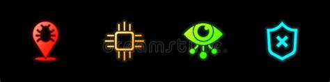 Set System Bug Processor With Microcircuits Cpu Eye Scan And Shield Cross Mark Icon Vector
