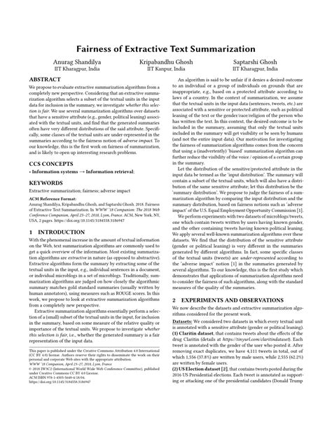 Pdf Fairness Of Extractive Text Summarization