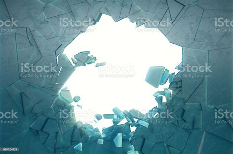 작은 조각으로 부서의 센터에 있는 구멍을 가진 얼음의 3d 그림 벽 당신의 배너 광고에 대 한 장소입니다 폭발은 벽에 균열을 발생합니다 얼음 깨지는 벽에 구멍을 폭발입니다