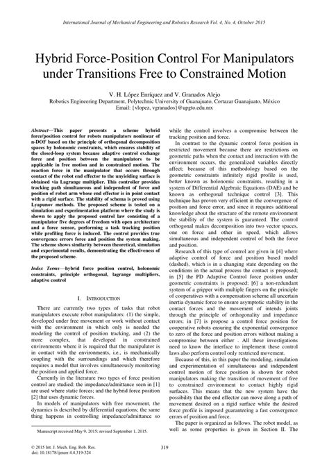 Pdf Hybrid Force Position Control For Manipulators Under Transitions Free To Constrained Motion