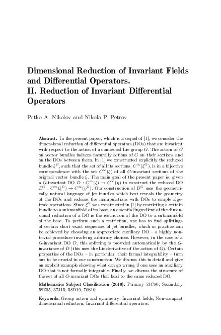 Pdf Dimensional Reduction Of Invariant Fields And Differential Operators Ii Reduction Of