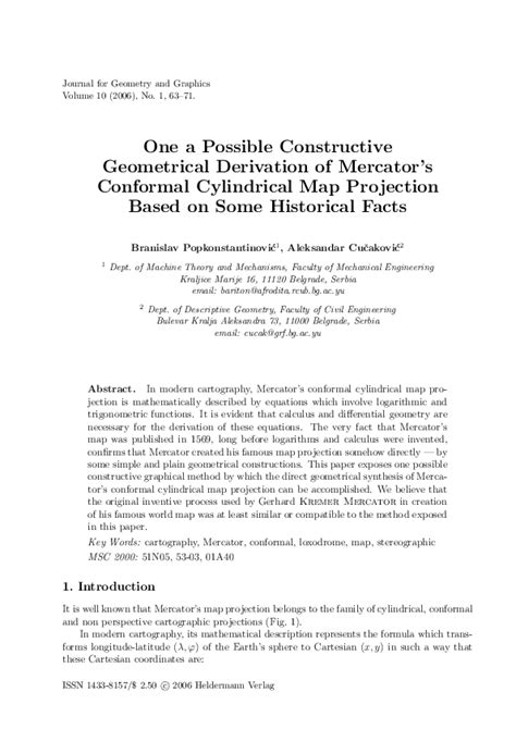 Pdf One A Possible Constructive Geometrical Derivation Of Mercators Conformal Cylindrical Map