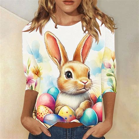 Cavosen Happy Easter 34 Length Sleeve Womens Tops Loose Fit Bunny Eggs