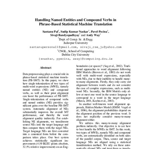 Handling Named Entities And Compound Verbs In Phrase Based Statistical Machine Translation Acl