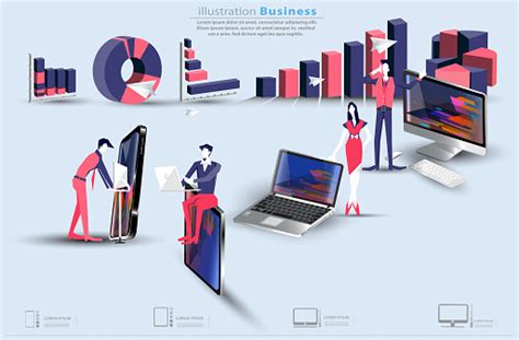 비즈니스 맨과 레이디 팀워크 브레인 스토밍 연락처 휴대 전화 태블릿 노트북 컴퓨터 아이콘 그래프 종이 로켓 접기와 통신 창의력 현대 아이디어 와 개념 인포 그래픽 템플릿