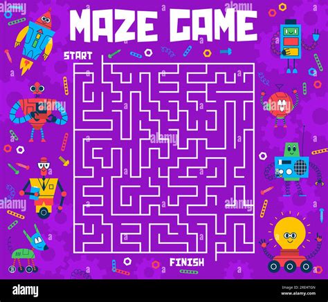 Labyrinth Maze Of Help Cartoon Robots And Droids To Find Exit Vector