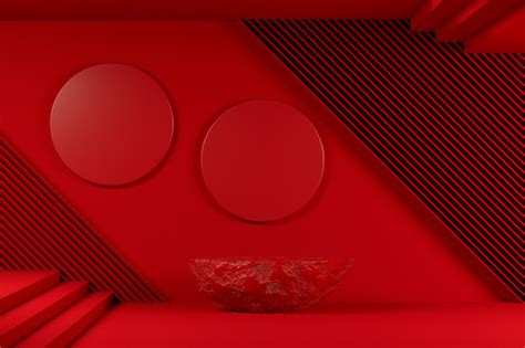 빈 붉은 바위 돌 콘크리트 연단 받침대 스탠드 전시 무대 제품 프레젠테이션 빨간색 배경 새해 크리스마스 색상 빨강에 대한 스톡 사진 및 기타 이미지 Istock