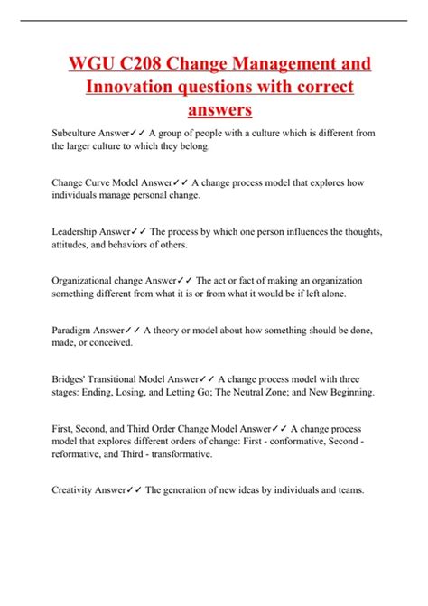 WGU C Change Management And Innovation Questions With Correct Answers WGU C Change
