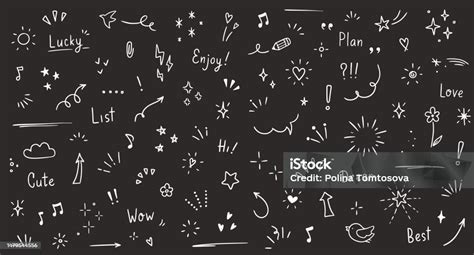 귀여운 반짝이 펜 라인 요소를 낙서 낙서 하트 화살표 별 스파클 장식 기호 세트 아이콘입니다 간단한 스케치 선 스타일 강조 주의