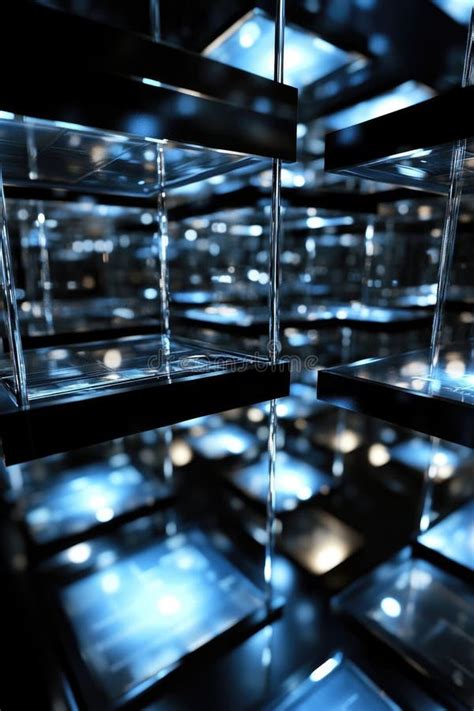 Futuristic Glass Cube Structure With Blue Led Lighting In Dark