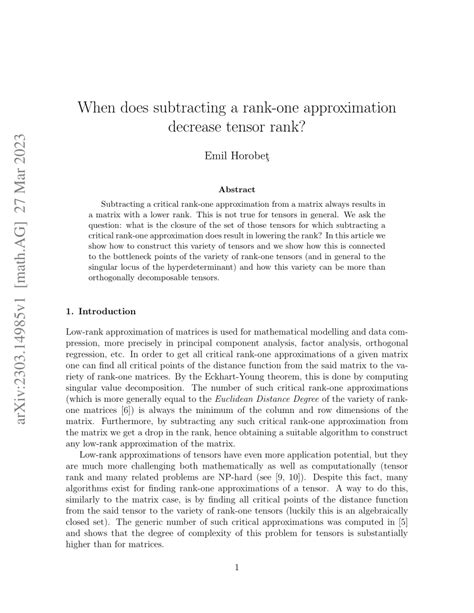 Pdf When Does Subtracting A Rank One Approximation Decrease Tensor Rank