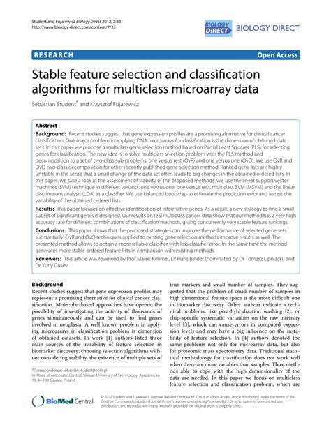 Pdf Stable Feature Selection And Classification Algorithms For Multiclass Microarray Data