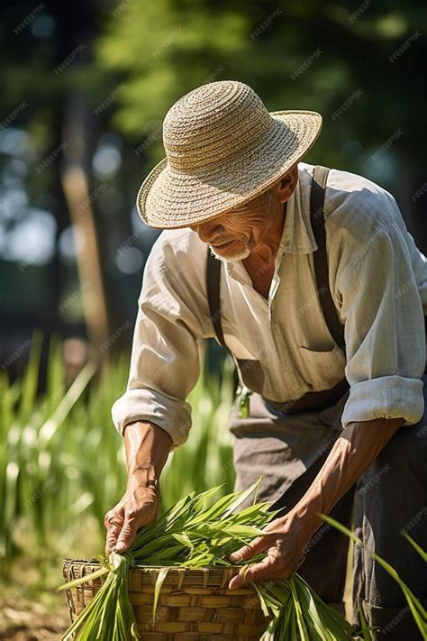 Premium Ai Image A Man In A Straw Hat Is Picking Grass